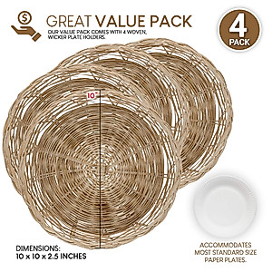 Stock Your Home 10-Inch Bamboo Paper Plate Holder (4 Count) - Heavy Duty Wicker Reusable Natural Charger Plates