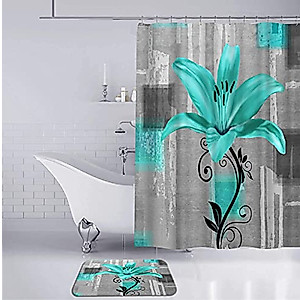 DuoBaorom 4 Pieces Set Teal Lily Flower Shower Curtain Set Geometric Floral Green and Grey Art on Non-Slip Rugs Toilet Lid Cover Bath Mat and Bathroom Curtain with 12 Hooks 72x72inch