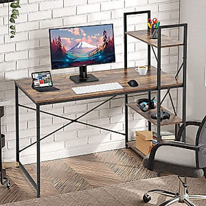 Computer Desk with 4 Tier Storage Shelf- 47 Inch Home Office Table, Modern Steel Frame Wood Study Gaming Corner Desk Easy Assemble,Brown