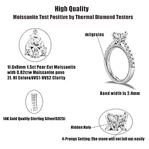 DovEggs Moissanite Engagement Rings for Women 1.5ct Center 6X8mm H-I Color Pear Cut Moissanite Lab Grown Hidden Halo Wedding Engagement Ring Solitaire 14k Gold Quality Silver with Accents Band Width