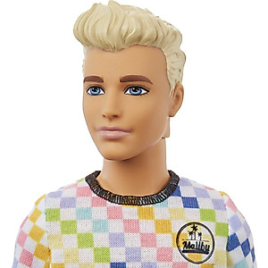 Barbie Fashionistas Ken Doll #174 with Sculpted Blonde Hair Wearing Surf-Inspired Checkered Shirt, Denim Shorts & Deck Shoes