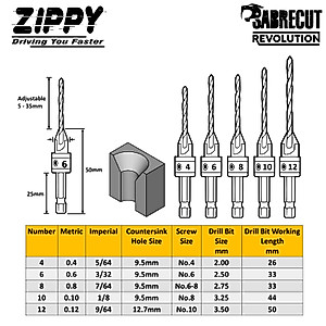11 x SabreCut Zippy SCRKZ1 Countersink Set with Adjustable Pilot Impact Drill Bits
