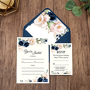 DORIS HOME 25pcs Blue Fill-in Wedding Invitations with Envelopes and RSVP Cards with Pink Rose and Envelope with Gold Border for Engagement/Quinceanera/Bridal Shower/Anniversary