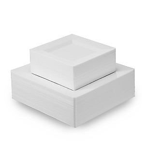 60 White Plastic Plates Set, 30 Pc 10.25 Inch Plastic Dinner Plates, and 30 Pc 7.5 Inch Plastic Dessert Plates, Fancy Disposable Plates, Heavy Duty Party Plates, Elegant Wedding Plates, Square Plates