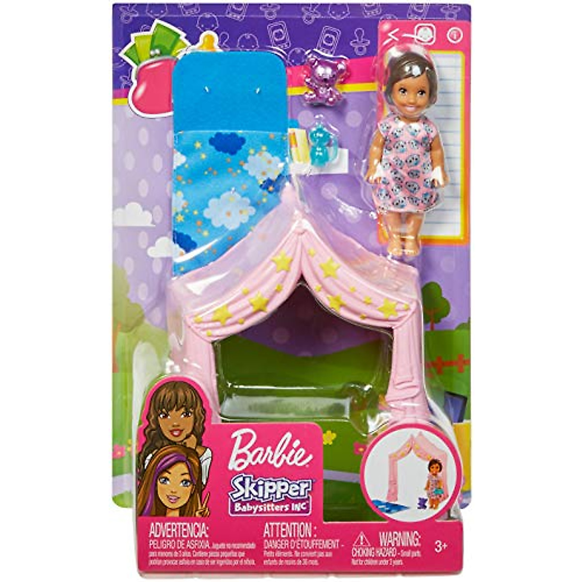 Barbie Skipper Babysitters Inc. Doll Playset Includes Small Toddler Doll, Pink Tent and Cloud-Print Sleeping Bag, Plus Bottle and Teddy Bear, Gift for 3 to 7 Year Olds