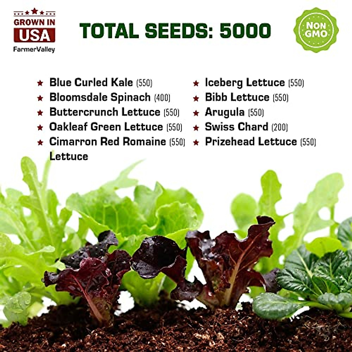 Heirloom Non-GMO Lettuce and Greens Seeds Variety Pack for Outdoor and Indoor Gardening & Hydroponics, 5000+ Seeds - Kale, Butter, Oak, Spinach, Romaine Bibb & More