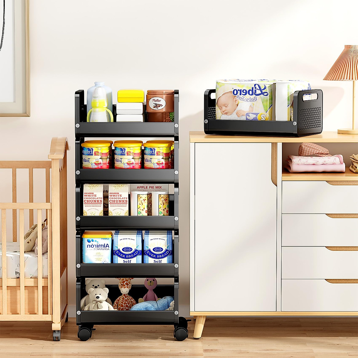 5 Tier Rolling Cart, Stackable Metal Kitchen Storage Cart with Wheels, Black