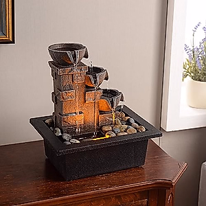 GOSSI Home Décor Imitation 3-Tier Stone Wall Tabletop Fountain Many Natural River Rock Office Relaxing Waterfall Meditation Tabletop Fountain LED Lights Fountain(22070)