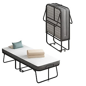 ZAFLY Folding Bed with 4 Inch Mattress,Rollaway Folding Guest Bed Fold Up Bed with Lockable Wheels,Space Saving Foldable Bed Portable Bed,Rollaway Bed with Folding Mattress for Adults,75 x 31 Inch