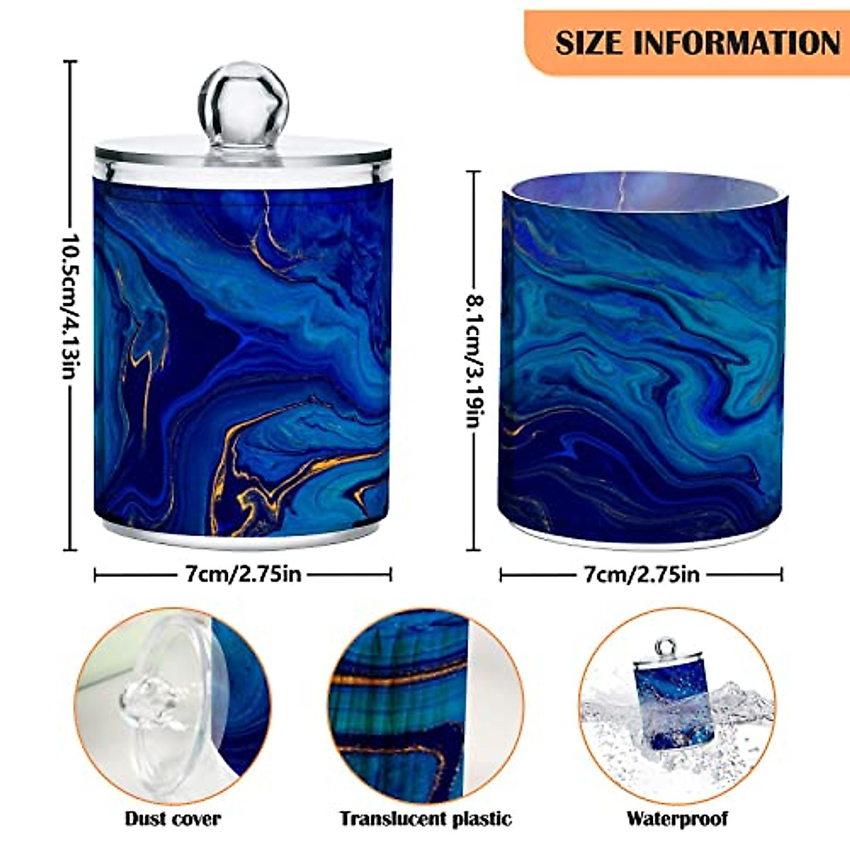 ALAZA 2 Pack Qtip Holder Dispenser Navy Blue Marble Bathroom Organizer Canisters for Cotton Balls/Swabs/Pads/Floss,Plastic Apothecary Jars for Vanity