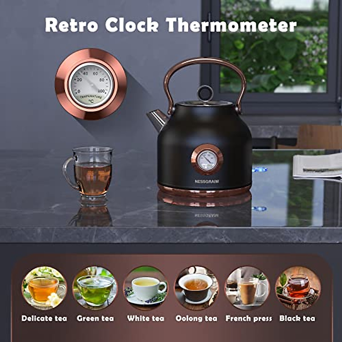NESSGRAIM Retro Electric Kettle, 1.7L Stainless Steel Tea Kettle with Large Temperature Gauge, 1500W Fast Heating Hot Water Boiler with LED Indicator, Auto Shut-off & Boil-Dry Protection-Reteo Black