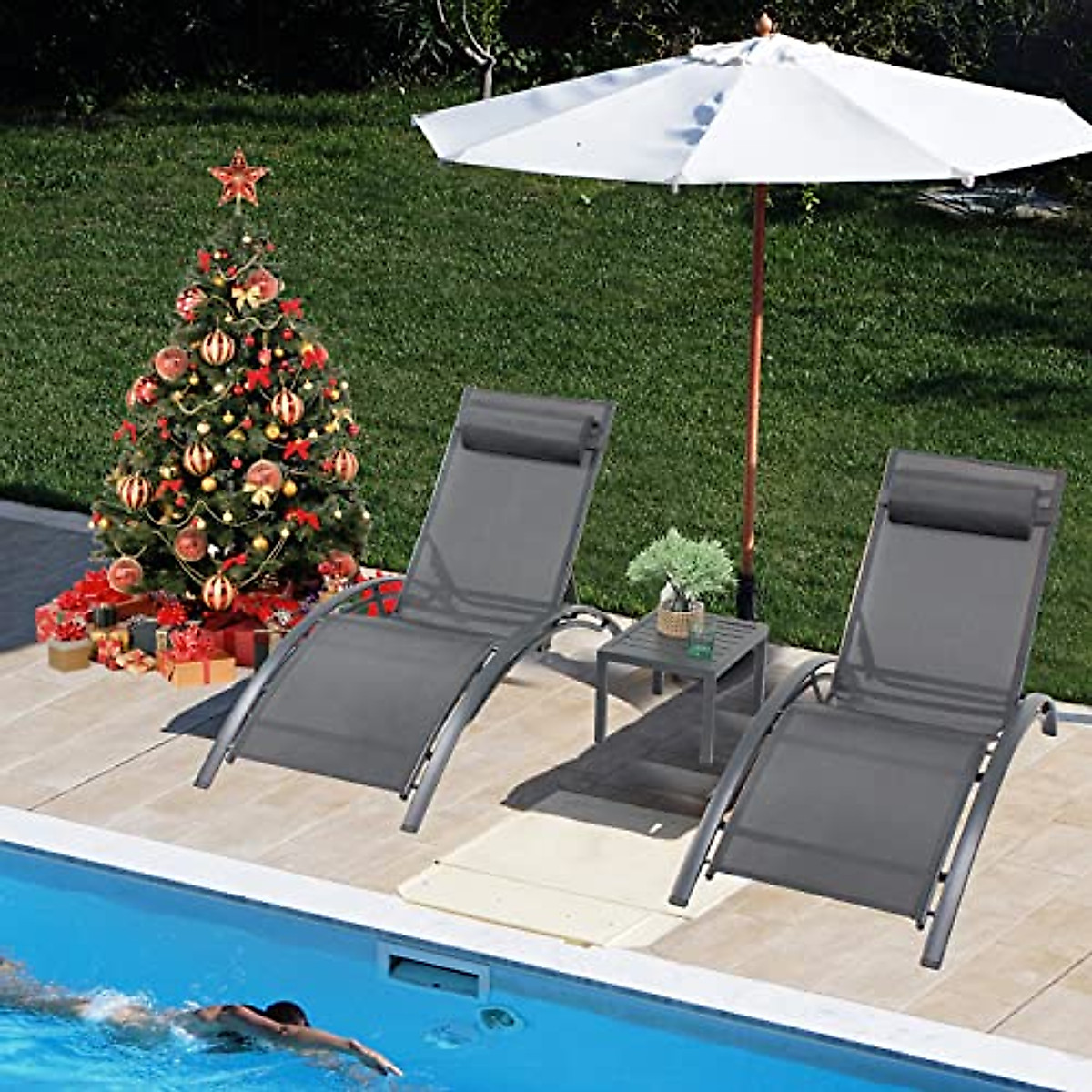 VARVIND Patio Chaise Lounge Chair Set of 3,Aluminum Outdoor Lounge Chair with Headrest,Sunbathing Lounger,Pool Tanning Chairs,Armrest Recliner Chiar with Side Table for Beach,Garden，Lawn(Grey)