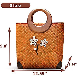 QTKJ Straw Bag for Women, Summer Beach Handmade Rattan Tote Bag, Round Wooden Handle, Boho Retro Straw Woven Handbag, Large Beach Vacation Bag (Yellow)