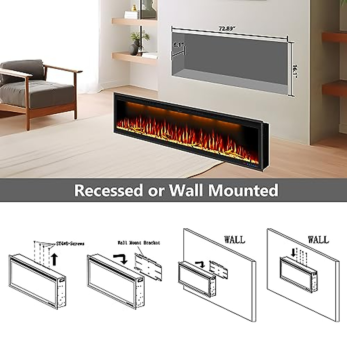 Benrocks 74'' Slim Electric Fireplace Inserts - WiFi-Enabled, Alexa & App Control, Recessed & Wall Mounted, 13 * 13 * 3 Flame Color Combinations, 750W/1500W, Black