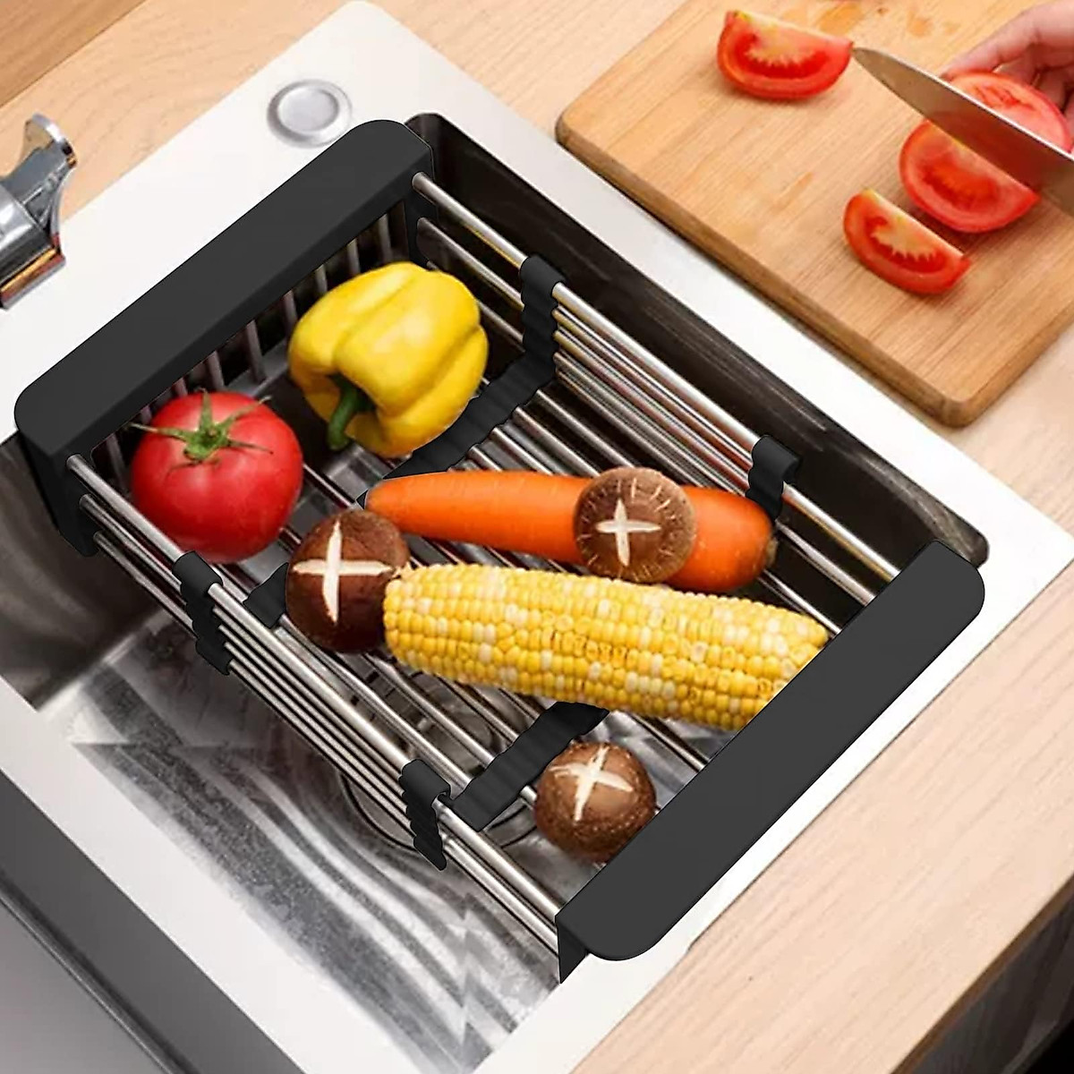 Over The Sink Dish Drying Rack, Retractable Stainless Steel Sink Strainer Telescopic Drain Basket Kitchen Rack Drain Basket Sink Organizer for Vegetable and Fruit(L-Black)