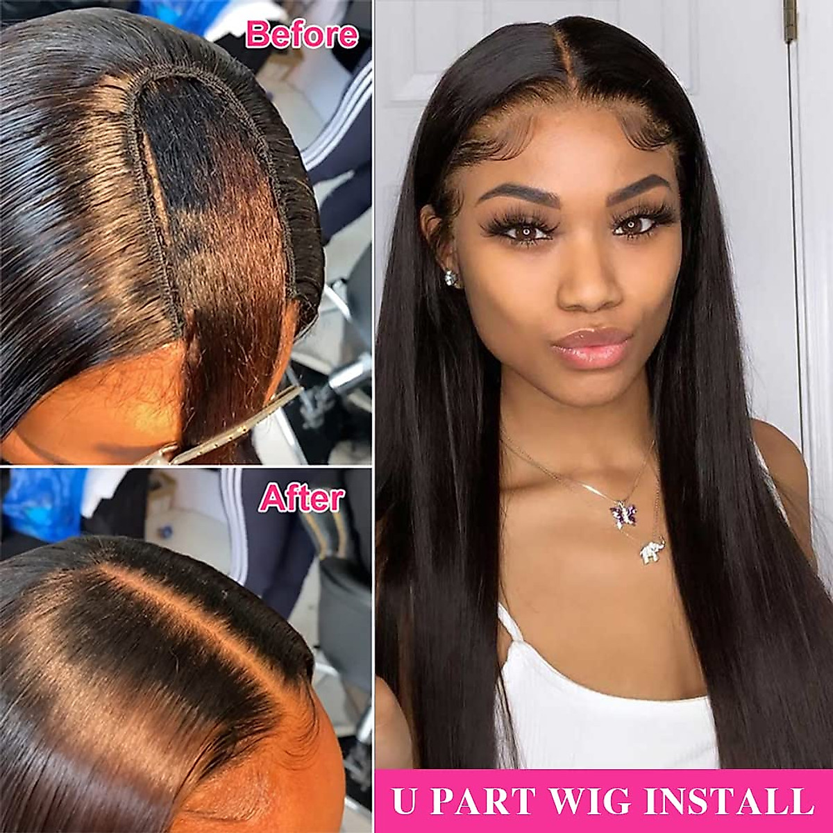 CanaryFly U Part Wigs Human Hair Wigs For Black Women Brazilian Straight Human Hair Wigs 180% Density Glueless Natural Color U-part Wigs (24inch)