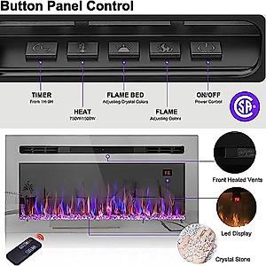TUAN 31 Inch Electric Fireplace, Recessed and Wall Mounted Fireplace, Fireplace Heater and Linear Fireplace with Timer, Touch Panel and Remote Control, Adjustable 12 Flame Color, 750/1500W