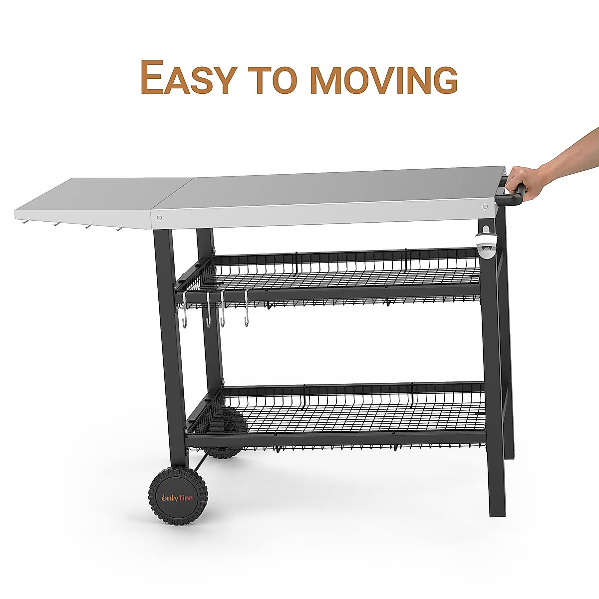 onlyfire Pizza Oven Table Cart for Ooni, Ninja Woodfire, Blackstone Griddle, Cuisinart Pizza Oven, Outdoor Stainless Steel Food Prep Table Movable Food Prep Cart Grill Stand with Storage Basket