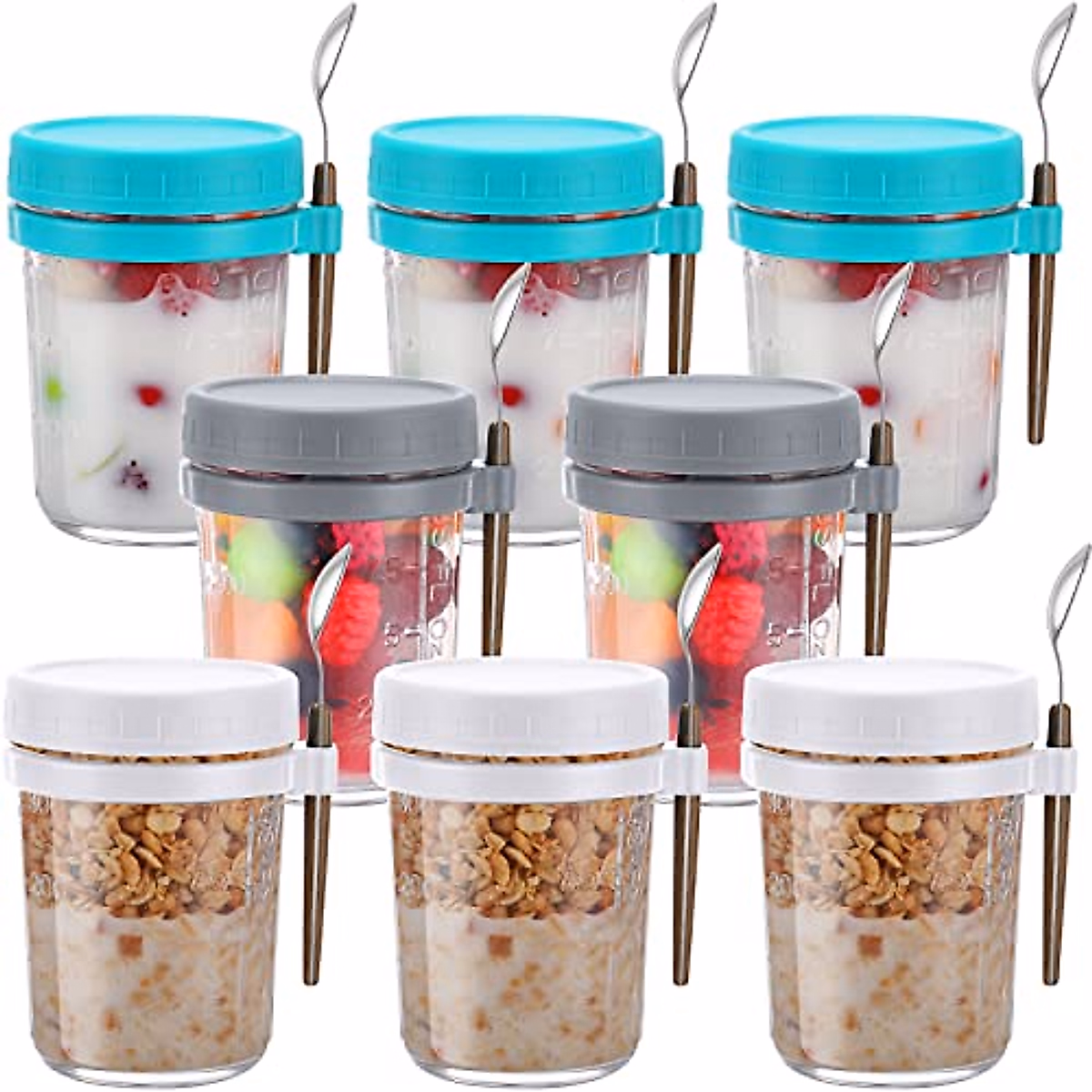 Rtteri 8 Pcs Overnight Oats Container with Lids and Spoons Overnight Oats Jars 12 oz Glass Mason Jars Portable Oatmeal Container 8 Pcs Spoons for Milk Cereal Vegetable Fruit Salad