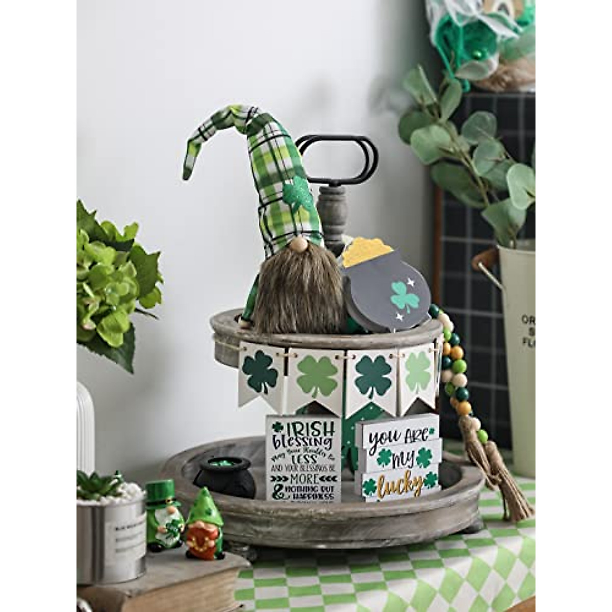 St. Patrick's Day Tiered Tray Decor Set 6, Shamrock Pot of Gold Wood Sign, Irish Lucky Theme Table Centerpiece Decoration Sign for Home Party Décor