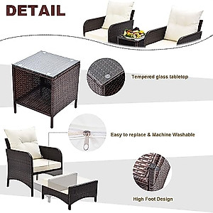 Koruiten 5 Pieces Wicker Patio Furniture Sets, PE Rattan Outdoor Table and Chairs Conversation Set, Outside Furniture with Cushions and Ottomans for Balcony Porch Lawn Garden (White)