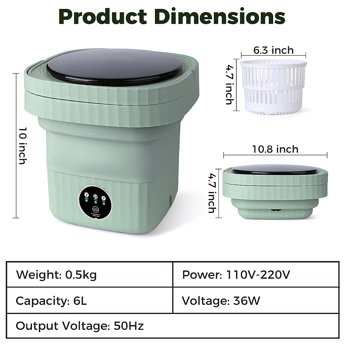 Portable Washing Machine, 6L Mini Washing Machine with 3 Modes Timing Cleaning, Portable Washer with Soft Spin and Draining for Socks, Baby Clothes, Towels and Small Items