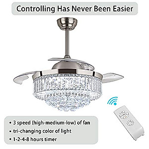 42inches Brushed Nickel crystal Ceiling Fan Indoor with Light and Remote,Ceiling Fans Retractable Blades Bedroom Ceiling Fan with Lights and Remote Control LED Ceiling Fan Light Kit