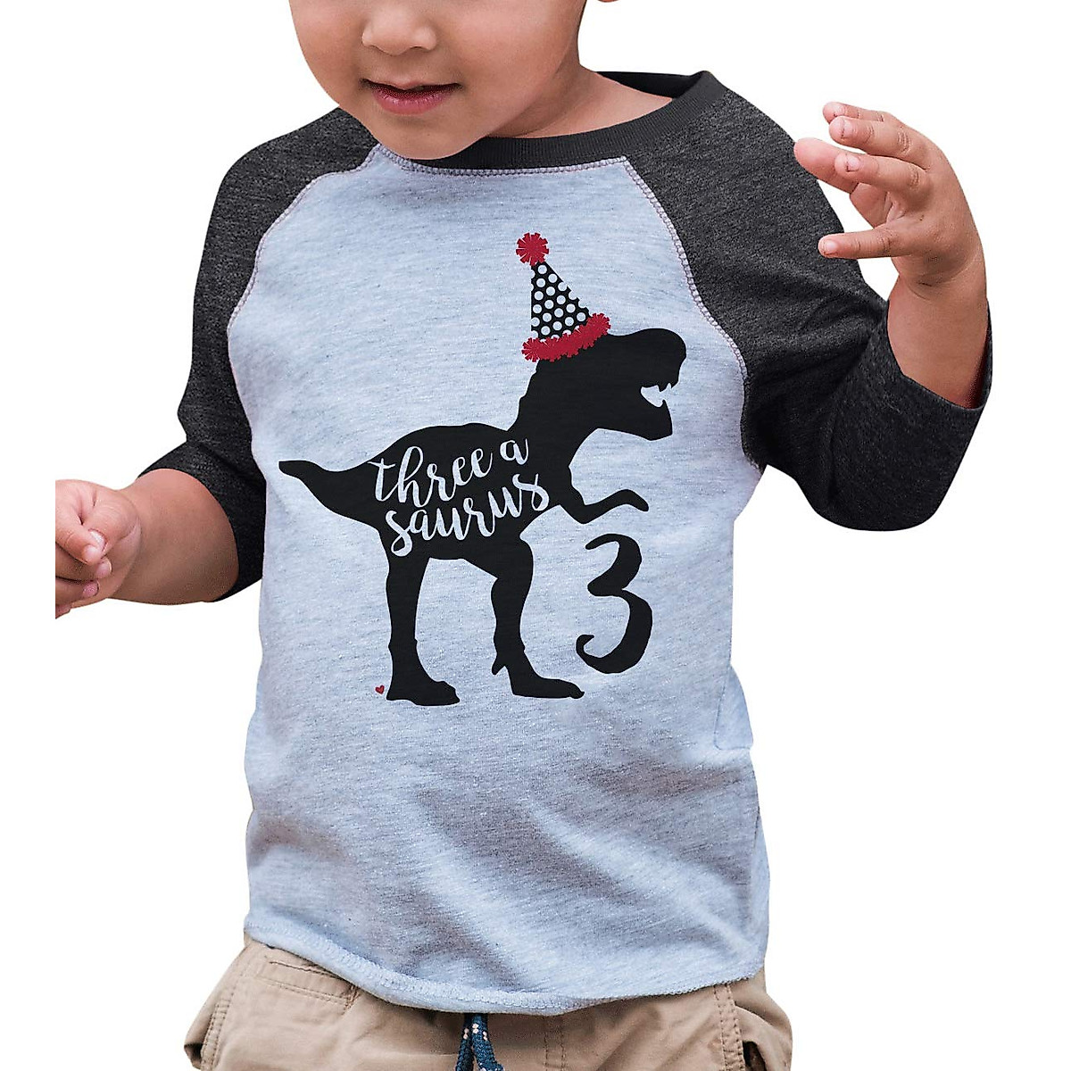 7 ate 9 Apparel Three 3rd Third 3 Birthday Dino Dinosaur Grey Baseball Shirt 3T