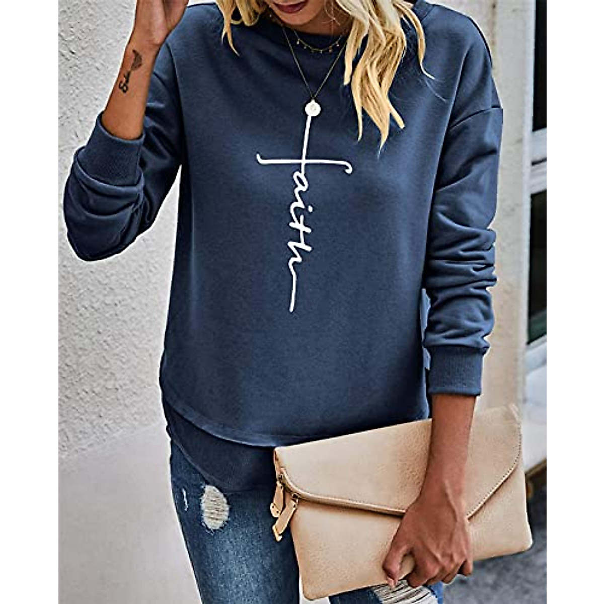 Womens Casual Funny Faith Spirituality Graphic Crewneck Sweatshirt Long Sleeve Loose Pullover Tops Shirts (Navy,Medium,US,Alpha,Medium)