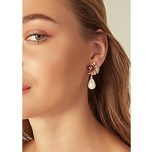 Anthia Jewelry Womens 925 Sterling Silver Classy Flowers Cubic Zirconia Teardrop Imitation Pearl Dainty Fashion Statement Accessory French Back Drop Dangle Hanging Dangling Earrings, Purple & Pink