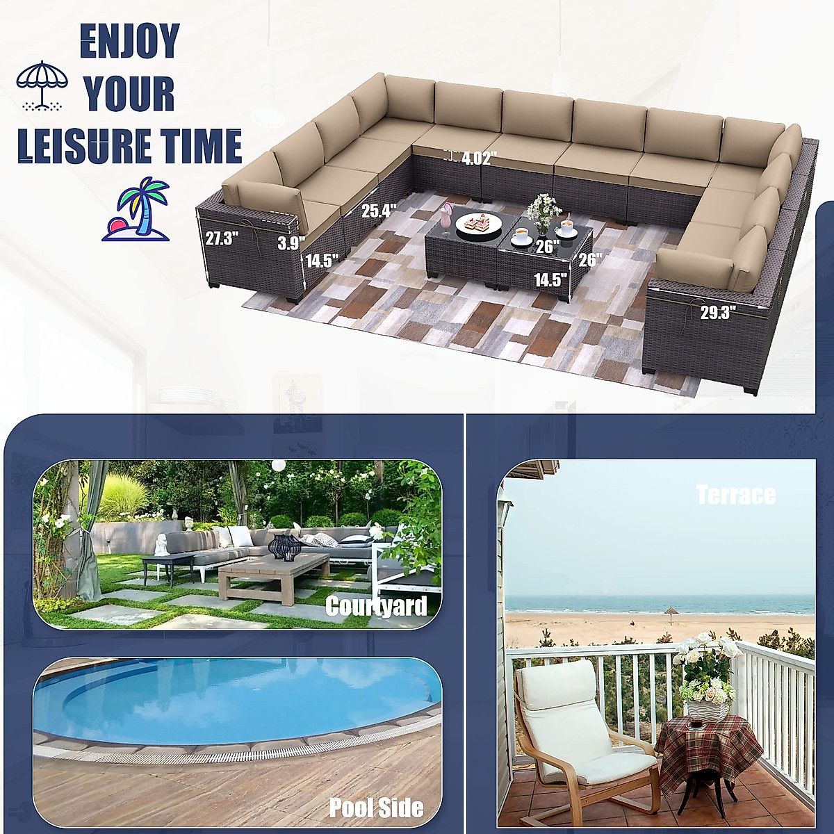 Delnavik Patio Furniture Set 14-Pieces Outdoor Furniture for Backyard Wicker Sectional Sofa Set, Rattan Patio Conversation Set with Thickened Cushions and Glass Coffee Table, Sand