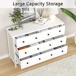 SINROM White Dresser for Bedroom, Modern 6 Drawer Dresser for Living Room, Hallway, Wide Chest of Drawer with Black Pulls