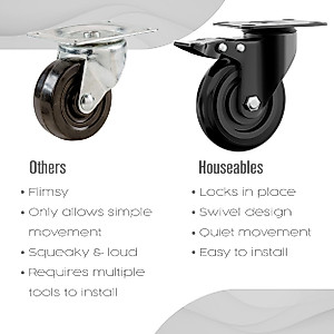 Houseables Caster Wheels, 4 Inch, Set of 4 Heavy Duty Swivel Casters with Brakes, Black, 1000 LB Total Capacity, Metal Locking Castors, Rubber Wheel, for Furniture, Dolly, Carts