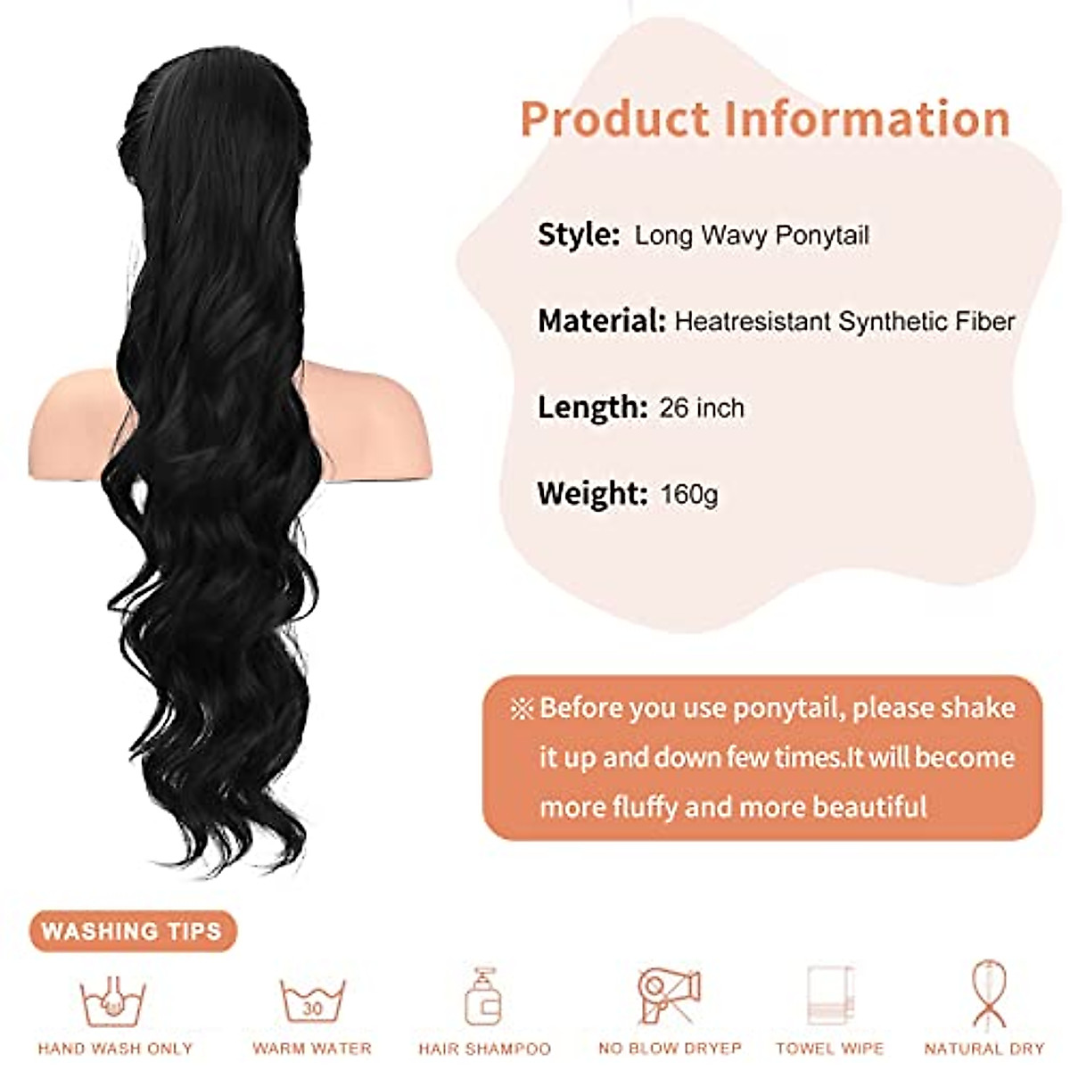 SEIKEA 26" Long Wavy Drawstring Ponytail, PT004 Gita for Black Women Natural Soft Clip in Ponytail Extension Synthetic Heat Resistant Hair Extensions Hairpiece Color Black