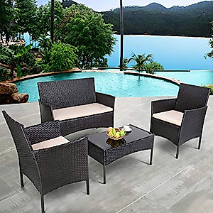 Homall 4 Pieces Patio Rattan Chair Wicker Set,Outdoor Indoor Use Backyard Porch Garden Poolside Balcony Furniture (Black and Beige)