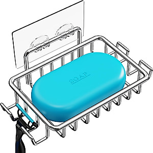 Nieifi Bar Soap Holder for Shower Wall with 4 Hooks, Stainless Steel Adhesive Soap Dish for Bathroom, Silver