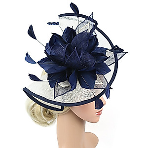 Z&X Navy Blue And White Fascinator Hat Sinamay Feather Floral Derby Hat For Women, Fascinator 1- Navy Blue+White, ONE SIZE
