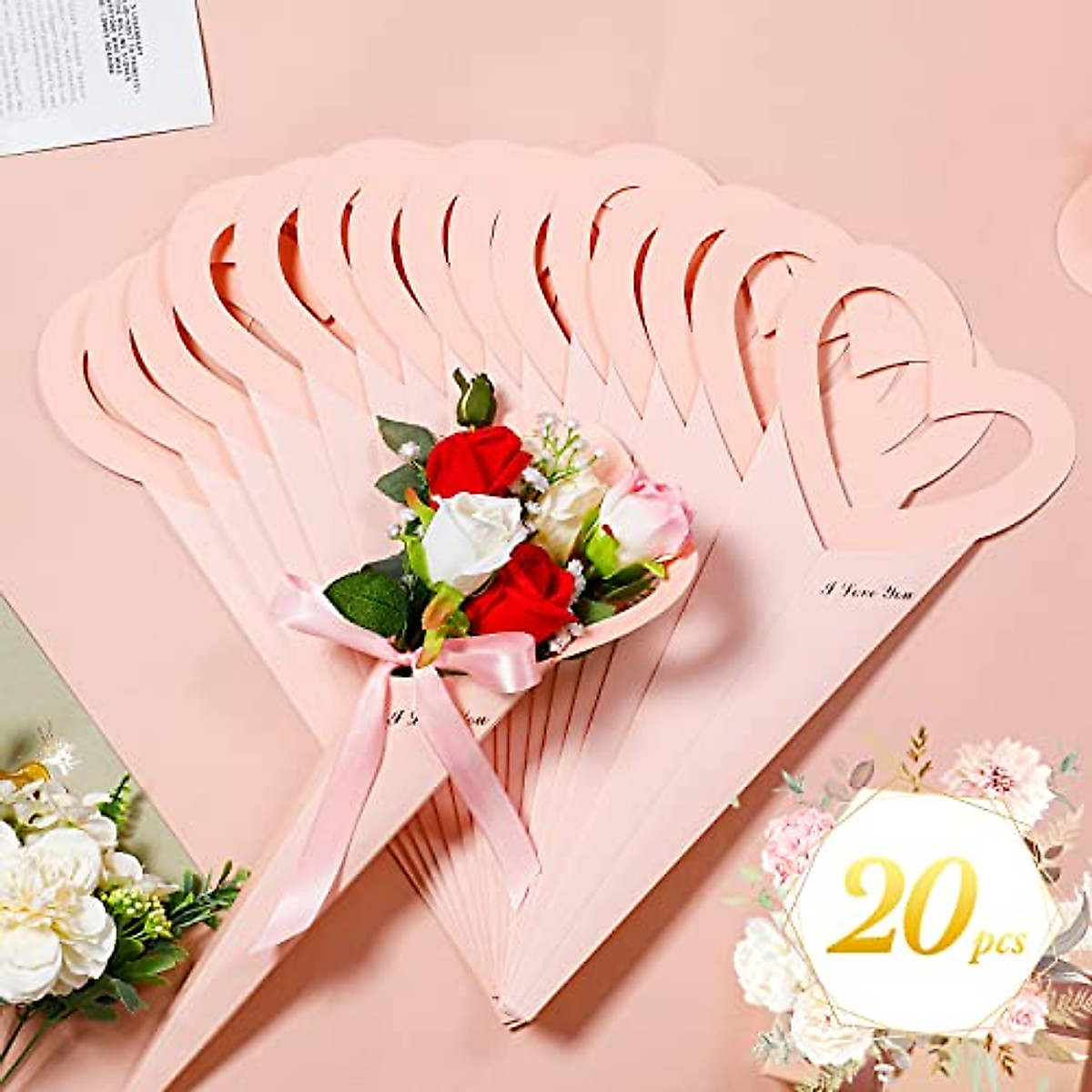 Thenshop 20 Pcs Single Flower Sleeve Love Heart Floral Bouquet Bags Paper Flower Bag Pink Gift Florist Box with Ribbons for Packaging Wrapping Single Rose Flower