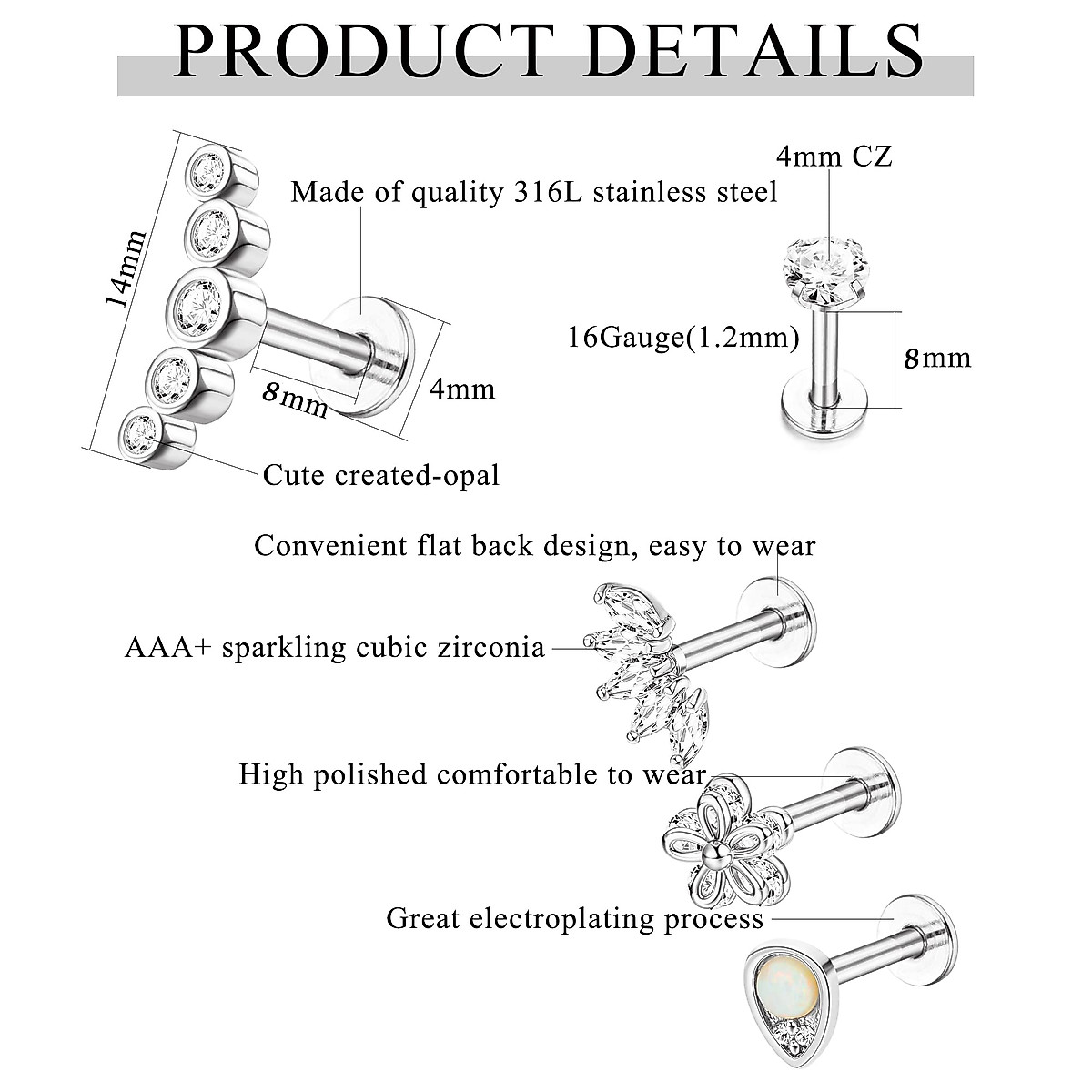 HAIAISO 12PCS Cartilage Earring Stud Piercing for Women 316L Stainless Steel Lip Rings Internally Threaded 16G Helix Labret Tragus Studs Conch Earrings Monroe Medusa Piercing Jewelry Set(Silver)