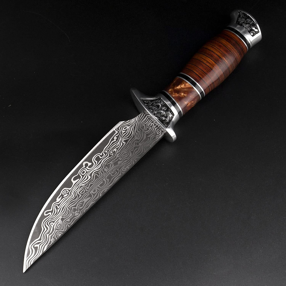 Link Knife 11 Inch Manual Damascus Hunting Knife with Wooden Handle, Men's Fixed Blade Survival Knife with Leather Sheath