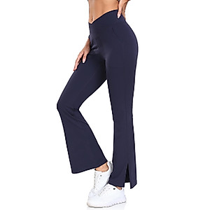 YUNOGA Women's Flare Leggings with Pockets, Crossover High Waist Buttery Soft Bootcut Yoga Pants, Split-Hem Bell Bottom Pants (L, Navy)
