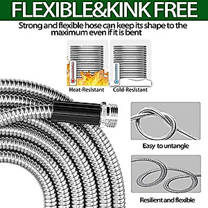 Garden Hose 50ft,304 Stainless Steel Metal Water Hose with Adjustable Nozzle, Lightweight, High Pressure, no kink explosion, no bite (50FT)