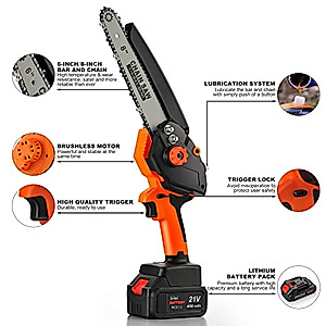 Brushless Mini Chainsaw Cordless 6 Inch 8 Inch with 2Pcs Lithium Battery and Auto-oil System, Electric Rechargeable 21v Small Handheld Portable Saws Yard Tool for Wood Cutting Tree Branches Trimming