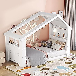 MERITLINE Twin House Bed for Kids Montessori Floor Bed with Roof Window, LED Light, No Box Spring Needed, for Girls Boys (Twin Size, White)