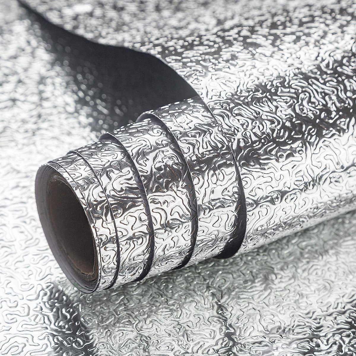 197"x16" Silver Contact Paper Metallic Look kitchen Backsplash Peel and Stick Wallpaper Oil Proof Waterproof Aluminum Foil Wall Sticker Adhesive Paper for Cabinets Shelf Liner Removable Heat Resistant