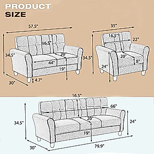 Modern Linen Upholstery Sectional Sofa w/3-seat Couch, Loveseat & Single Armchair for Living Room Bedroom Dorm, Tufted Corner Sofa w/Padded Cushion, Rolled Arm & Wooden Legs for Home Office (1+2 Seat)
