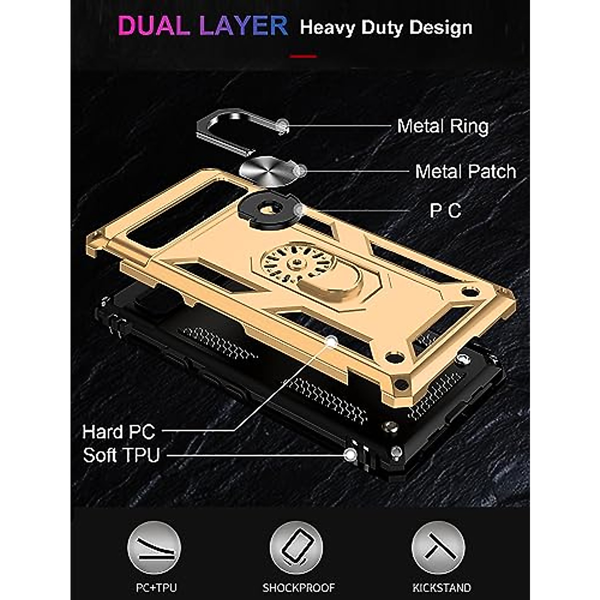 IKAZZ Suitable for Google Pixel 7 Pro Case,Military Grade Shockproof Heavy Duty Protective Phone Cover Pass 16ft Drop Test with Magnetic Kickstand Car Mount Holder Gold