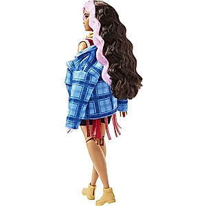 Barbie Extra Doll and Accessories with Pink-Streaked Crimped Hair in Jersey Dress with Pet Corgi