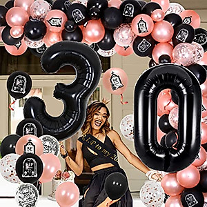 Funeral 30th Birthday Party Decorations for Women Black Rose Gold - Balloon Garland Death to My Twenties Backdrop Rip to My 20s Sash Number 30 Balloon for Funny Gothic Tombstone Skeleton Thirty Bday