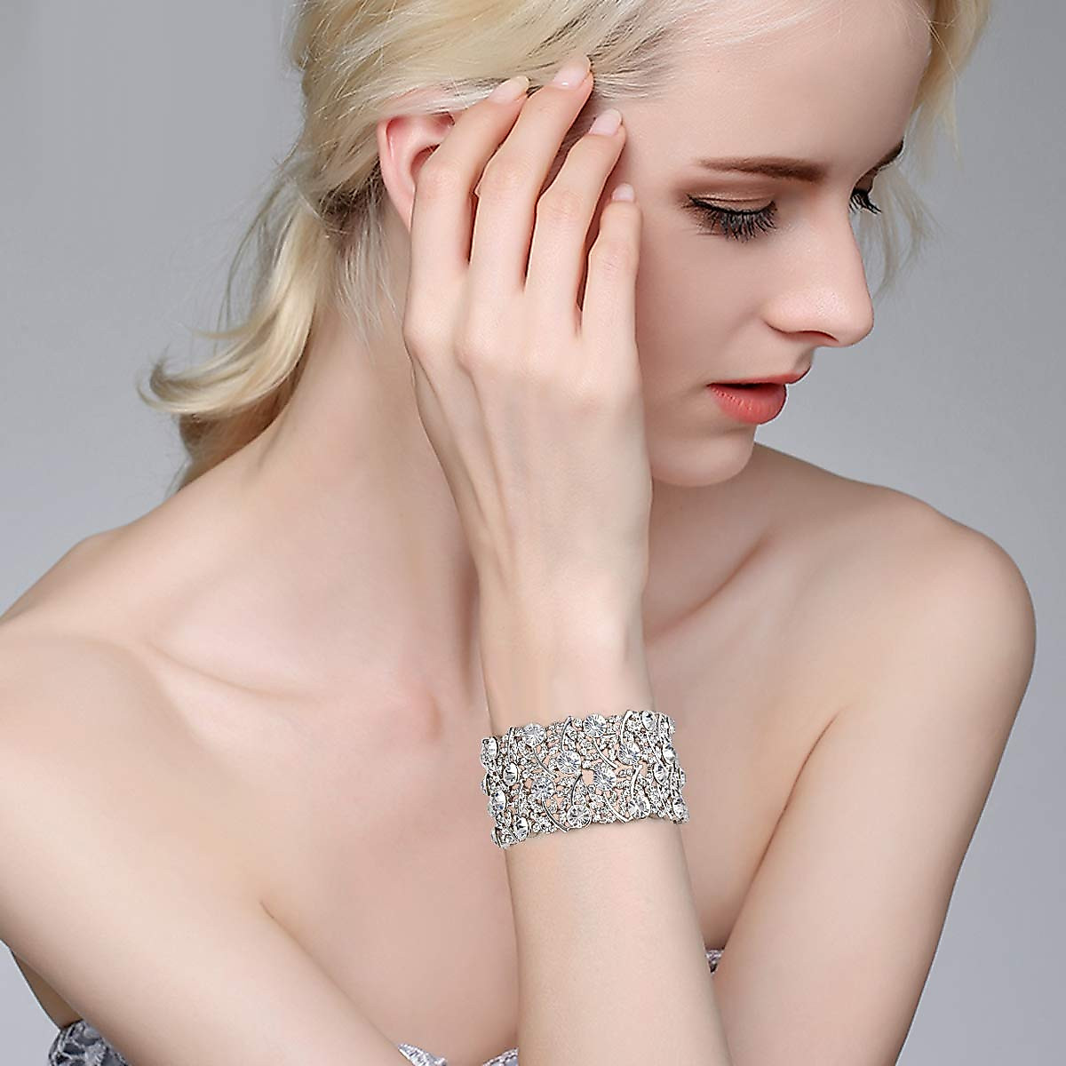 BriLove Women's Wedding Bridal Crystal Cluster Tennis Stretch Bracelet Clear Silver-Tone